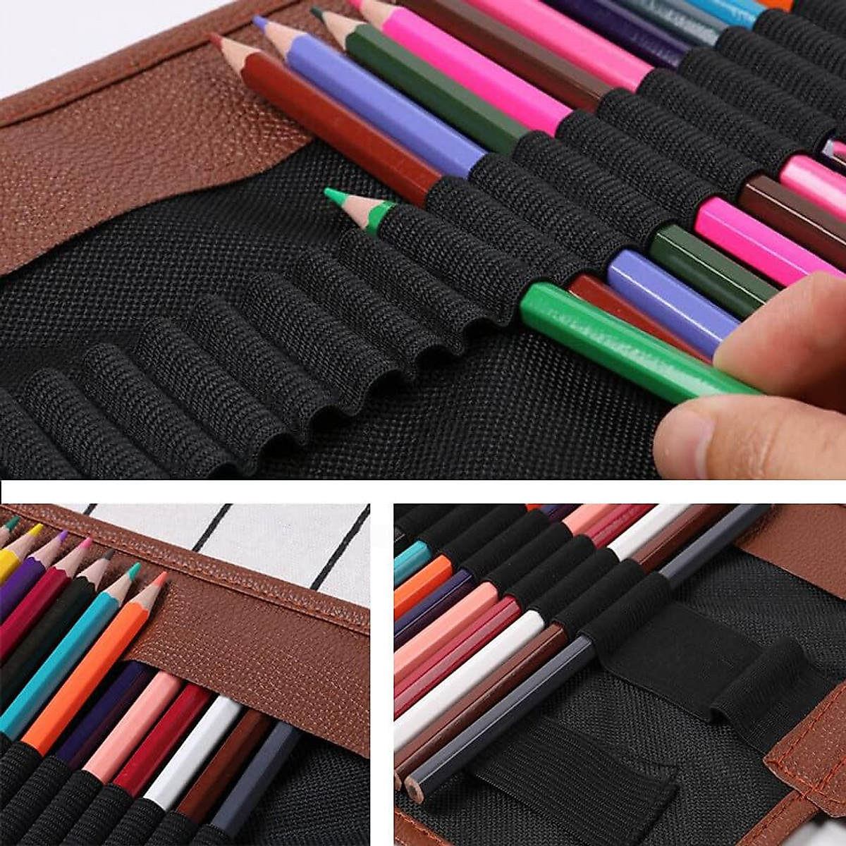 1 Pack Colored Pencils Roll 48 Slot Canvas Pencil Organizer Bag Wrap Multi Use Roll Up Pencil Case Pencil Pouch Holder Rollable Pouch for Painter Artist School Office Travel (Black)
