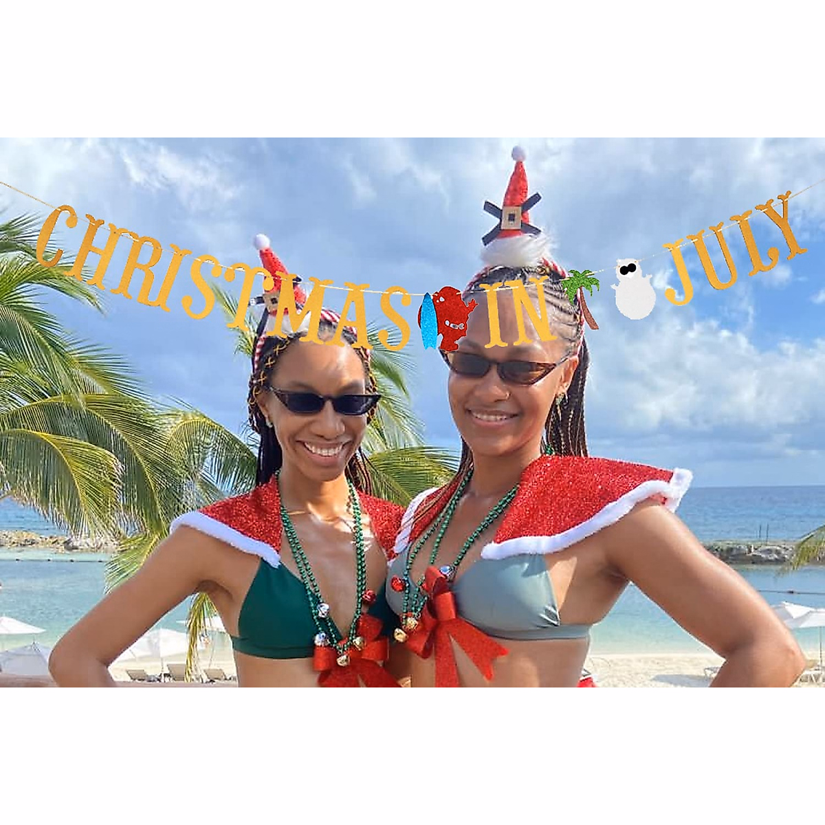 MAGQOO Gold Glitter Christmas In July Banner Garland Photo Props July Tropical Chrismtas Party Decor