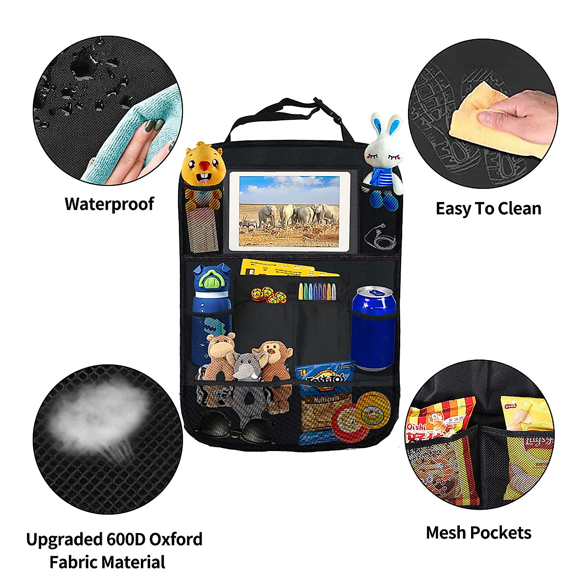 Ecurfu Backseat Car Organizer, Back Seat Protectors Kick Mats, Car Storage Bag with iPad Tablet Holder + 9 Storage Pockets for Kids Toddlers, Travel Accessories (1PC)