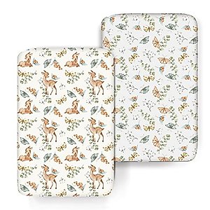 COSMOPLUS Stretch Pack n Play Sheets 2 Pack, Mini Crib Sheets Sets Fitted Pack and Play Sheets Playard Sheets Ultra Stretchy Soft,Butterfly Deer