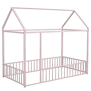 Aiuyesuo Playhouse Design Twin Size House Bed with Fence, Metal Montessori Floor Bed Frame with Roof for Toddler, Kids, Teens, Girls, Boys, No Box Spring Needed (Pink-T9)