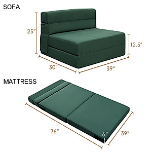 ANONER Memory Foam Fold Out Sofa Bed Couch with Pillow Twin Size Futon Sleeper Chair for Living Room Apartment, Dark Green