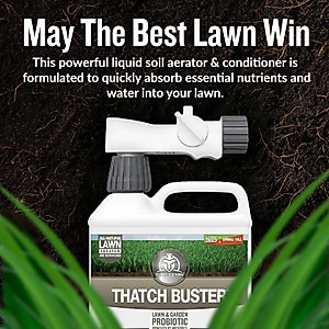 Turf Titan Thatch Buster with Hose End Sprayer – Natural Lawn Aerator and Grass Dethatcher – Probiotic Solution for Improved Lawn Drainage, Soil Health, and Strength (32oz)