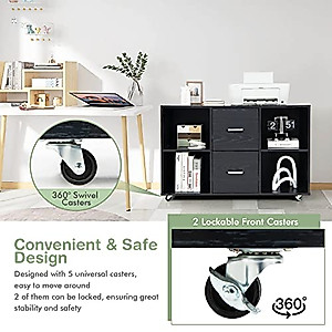 IFANNY 2 Drawer File Cabinet, Lateral Filing Cabinet with Shelves & Wheels, Black Buffet Sideboard, Rolling Storage Cabinet, Wood Cabinets for Home Office, Dining Living Room, Kitchen, Bedroom