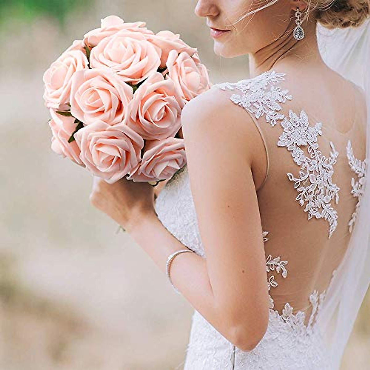 Mocoosy 50pcs Artificial Rose Flowers, Pink Roses Blush Real Touch Foam Fake Rose Bulk with Stem for Wedding Bouquets Centerpieces Wedding Shower Party Home DIY Decoration