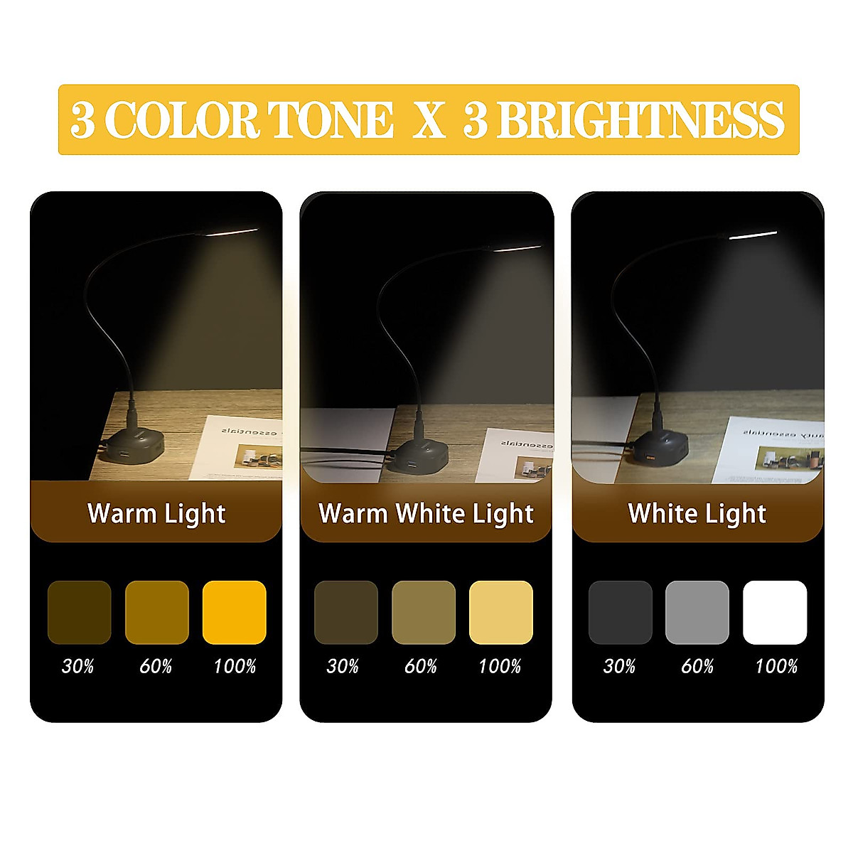 ORIEMARS USB Reading Light, Laptop Light,Keyboard Light for Computer Adjustable Gooseneck, 3 Color x 3 Brightness USB Lamp/1pc + 3pcs Mini LED Lights (1 + 3)