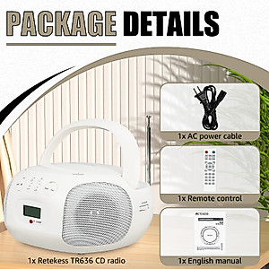 Retekess TR636 Boombox CD Player, CD Boombox AM FM Radio, Bluetooth, Remote Control, USB, AUX, LCD Display, AC or Battery Powered, Stereo System for Home