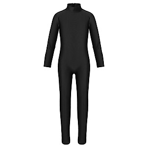 QinCiao Children's Girls Spandex Gymnastics Full Length Bodysuit Jumpsuit Long Sleeve Catsuit Unitard Dance wear Leotard Black 11-12