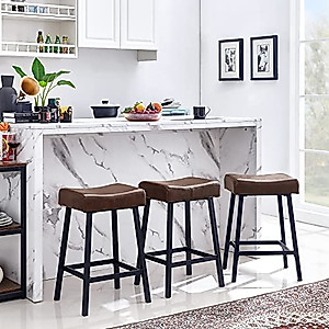 MNEETRUNG Bar Stools Set of 2, Counter Height Saddle-Seat PU Leather Bar Stools for Kitchen Counter Backless Modern Square Barstools Upholstered Faux Leather Stools Farmhouse Island, Brown