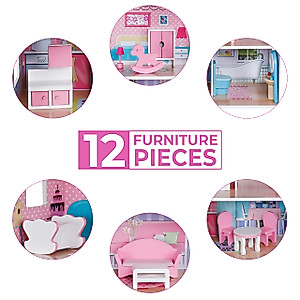 PIDOKO KIDS Wooden Dollhouse - includes 12 Pcs Furniture Accessories - Wood Doll House for 3 4-5 Year Old Girls