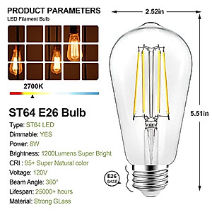 WIHTU Dimmable Vintage LED Edison Bulbs, 8W Equivalent 100W, ST64 Antique LED Filament Bulbs, LED Light Bulbs with 95+ CRI, Warm White 2700K, 1200lumens, E26 Medium Base, Clear Glass, Pack of 4
