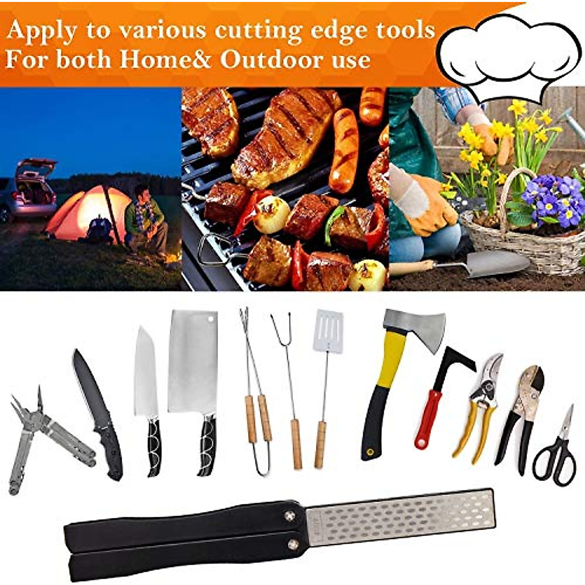 XILEWHZF 2 Pcs 400/600 Grit Portable Handheld Double Sided Sharpener Pocket Diamond Knife Sharpening Stone for Kitchen, Garden, Outdoor tools Fine/Coarse Grinding （Black/Orange）