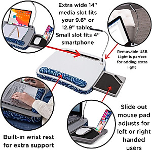 BIRDROCK HOME Deluxe Lap Desk with Pillow Cushion and Wrist Rest | USB Light and Mouse Pad | Fits Laptops Up to 15" | Tablets Up to 9.6" | Blue Tiedye Sunburst Pattern | Laptop Stand Accessories