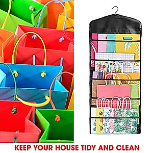Primode Gift Bag and Tissue Paper Storage, Hanging Organizer with Multiple Front and Back Pockets Double Sided, Organize Gift Wrap and Paper Bags 38 x 16 Inch (Full Black)
