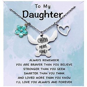 To My Young Daughter Stitch Gift Ohana Means Family Necklace&Message Card for Little Lilo Stitch Lover Daughter from Mom Dad, Stitch Jewelry Birthday Graduation Christmas Gifts for Teen Girls