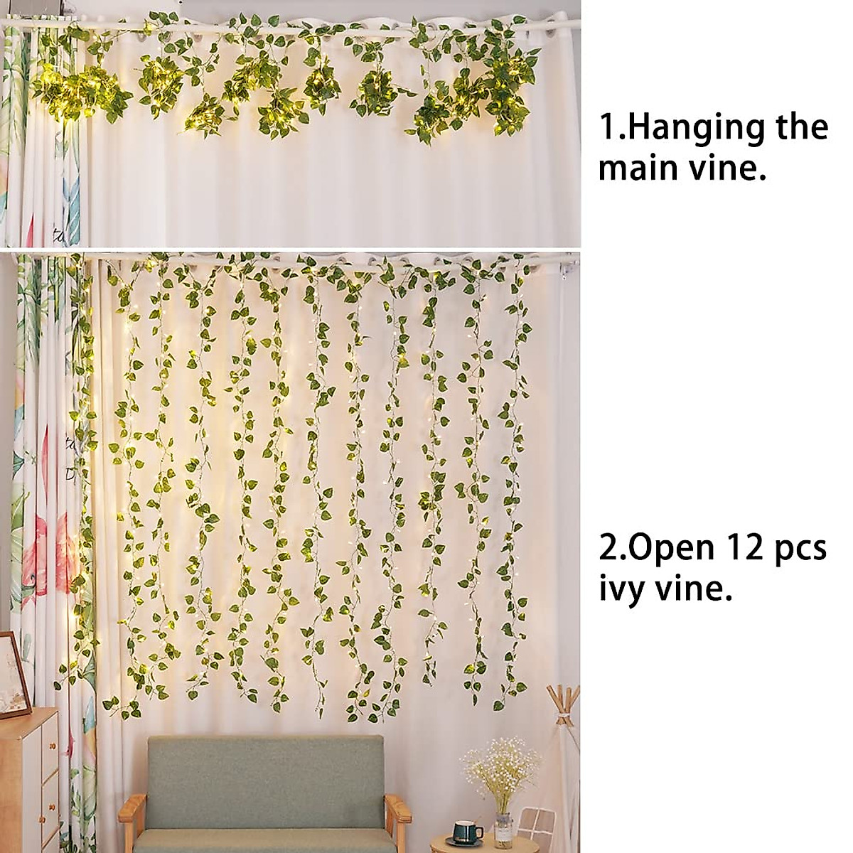 Opvande Lightd 12 Pcs Fake Ivy Vines Curtain String Light 240 LED, 8 Mode & Timer Green Hanging Fake Plant for Bedroom Wall Hanging Garden Home Room Jungle Party Indoor Outdoor