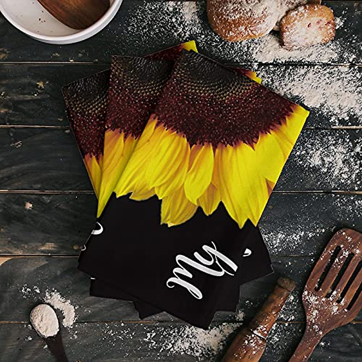 SIGOUYI Kitchen Towels Wash Cloths 4-Pack, Kitchen Decor Dish Towels, Super Soft Absorbent Hand Towels, Cleaning Rags for Tea Set Dish Set, You are My Sunshine Sunflowers on Black