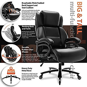 Big and Tall 400lbs Office Chair - Adjustable Lumbar Support Heavy Duty Metal Base Quiet Rubber Wheels High Back Large Executive Computer Desk Swivel Chair, Ergonomic Design for Back Pain, Black