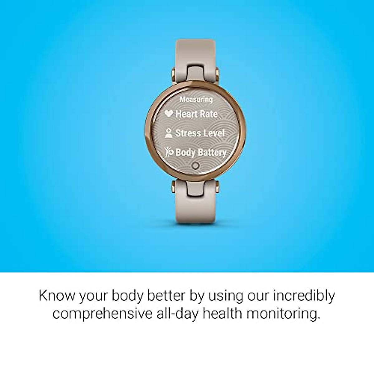 Garmin Lily™, Small GPS Smartwatch with Touchscreen and Patterned Lens, Rose Gold and Light Tan