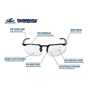 Bullhead Safety Swordfish Bifocal Safety Glasses, 2.0 Diopter, ANSI Z87+, Reader Glasses with UV Light Protection and Anti-Scratch Coating, Clear Lenses, Matte Black Frame