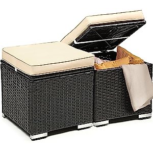 YITAHOME Set of 2 Wicker Ottomans, All Weather Rattan Wicker Ottoman Seat for Patio, Backyard, Additional Seating, Footrest, Side Table w/Storage, Removable Cushions - Brown/Beige