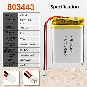 AKZYTUE 3.7V 1000mAh 803443 Lipo Battery Rechargeable Lithium Polymer ion Battery Pack with JST Connector