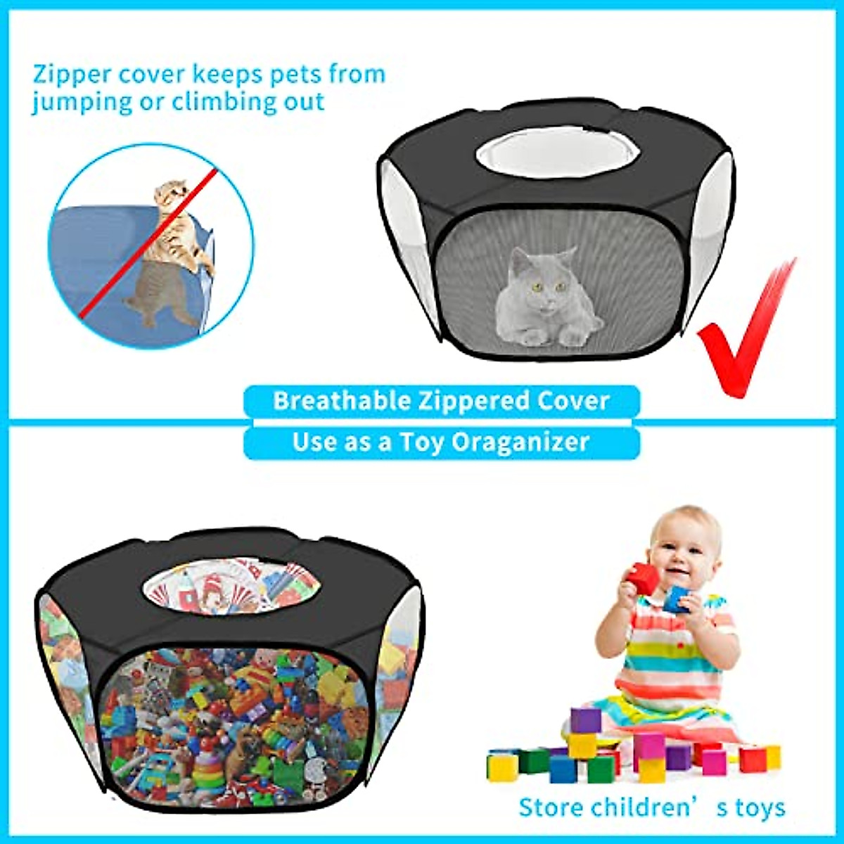 JIMEJV Guinea Pig Playpen, Waterproof Small Animals Playpen with Anti Escape Cover Portable Cat Playpen Breathable Indoor/Outdoor Yard Exercise Cage Tent for Hamster Puppy Chinchillas Rabbits(Black)