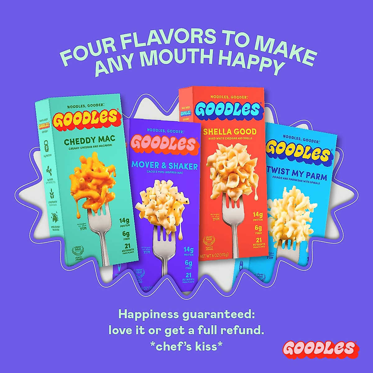 Goodles Mac & Cheese Assortment 4 Pack, 6oz - 14g Protein, 6g Fiber with Prebiotics, 21 Plant-Based Nutrients and Made w/REAL Cheese! | Clean Label Certified