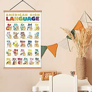 KAIRNE American Sign Language Poster with Wood Magnetic Hanger Framed(35CMx56CM),ASL Alphabet Wall Art Teaching Aid Alphabet Chart for Kids Playroom Classroom Decor