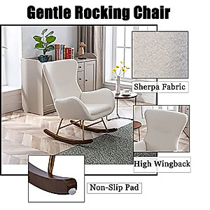 DM Furniture Sherpa Rocking Accent Chair Upholstered Nursery Glider Rocker for Baby Nursing Comfy Lounge Chair with Gold Legs for Living Room Bedroom, White
