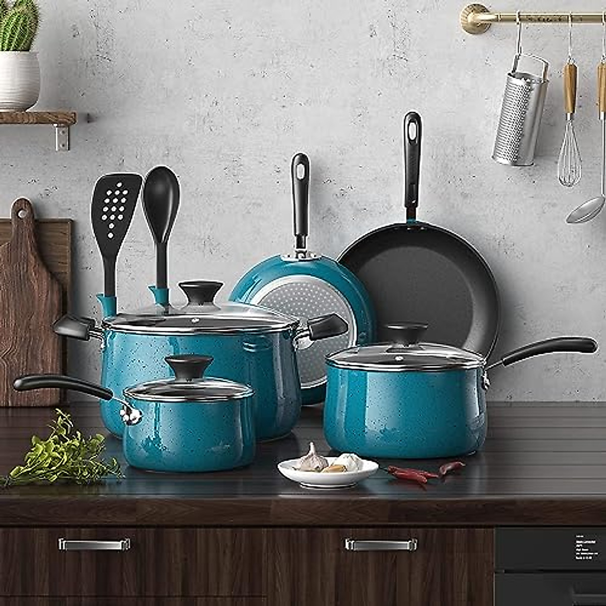 Cook N Home Pots and Pans Nonstick Cookware Set 10-Piece, Belly Shape Kitchen Cooking Set with Frying Pans and Saucepans, Induction Compatible, Turquoise