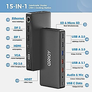 USB C Laptop Docking Station, 15 in 1 Triple Display Multiport Adapter 3 Monitors Dock with Dual DP, HDMI, VGA, USB C/A, RJ45, SD/TF, Mic/Audio, PD Compatible for MacBook/Dell/HP/Lenovo Laptops Black