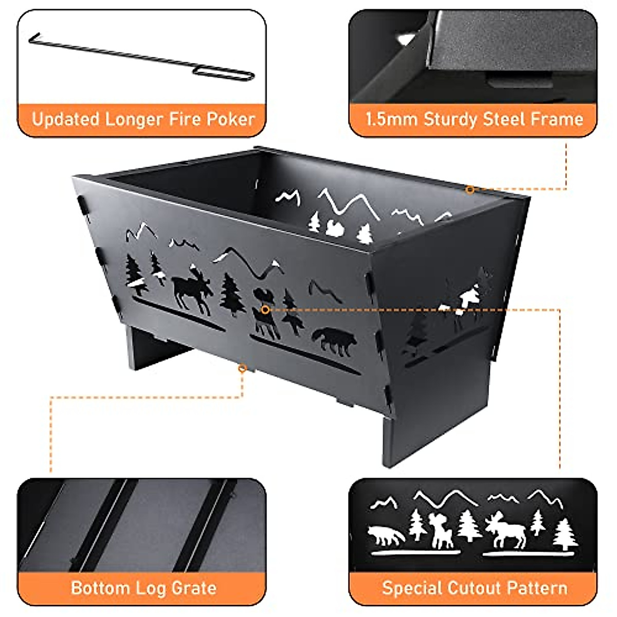 Fire Pit,Wood Fire Pits,Bonfire Pit,Fire Pits for Outside,28 Inch Rectangle Cast Iron Fire Pit for Patio,Backyard with Fire Poker and Metal Grate,Forest Cutout Pattern