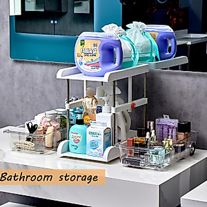 XIYAO 2 Tier Clear Organizer with Dividers and Wheels, Adjustable Under Sink Bathroom Closet organizer and Storage,Pull Out Medicine Cabinet organizer, Kitchen Pantry organizers and storage.