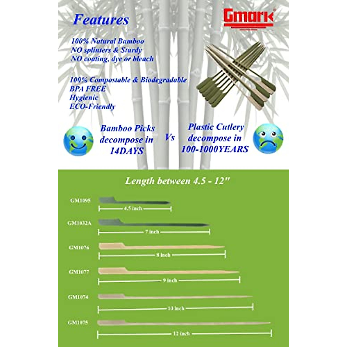 Gmark Bamboo Paddle Skewers 8" 100pc/Bag, Kabob Skewers, BBQ Skewers for Outdoor Grilling GM1076