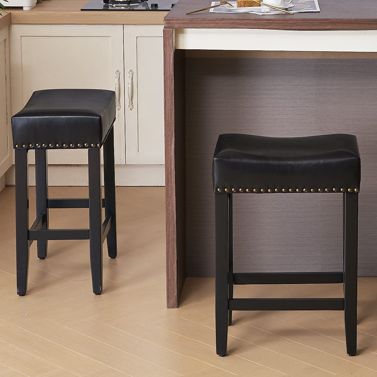 Furnimart 26” Bar Stools Set of 2 Leather Saddle Stool Counter Height Bar stools with Rivet Trim Cushion Seat Wood Counter Stools for Kitchen and Bar (PU-Black)