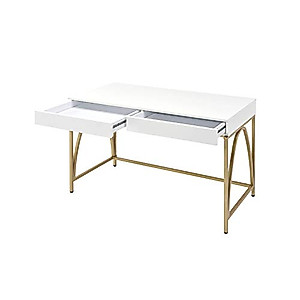 Acme Furniture Lightmane Desk, White High Gloss & Gold