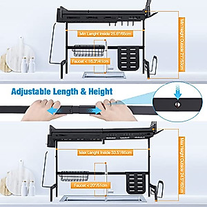 LEPO Over The Sink Dish Drying Rack, 2 Tier Stainless Steel Adjustable Length (25.6-33.5in) & Height(20.5-24.4in) Large Dish Rack Drainer with Utensil Holder for Kitchen Countertop Organizer, Black