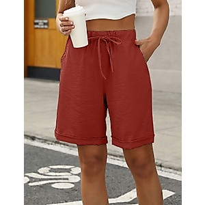 Tanming Women's Summer Casual Elastic Waist Rolled Hem Bermuda Shorts with Belt (Red, X-Large)