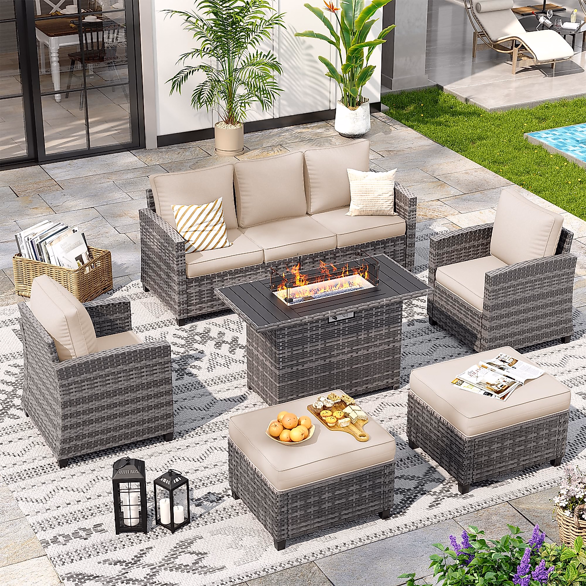 VONZOY 6 Pieces Patio Furniture Set with 44" Gas Fire Pit Table, Outdoor Sectional Conversation Sets, All-Weather Wicker Rattan Sofa w/Gas Fire Pit, Ottoman, Thick Cushion Khaki