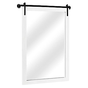 VINGLI Farmhouse Mirror, 38"×32" Decorative Mirror Farmhouse Bathroom Mirror White Mirror Barn Door Mirror, Entryway Mirror Decorative Wall Mirror Wooden Mirror with Metal Bracket in Barnwood Style