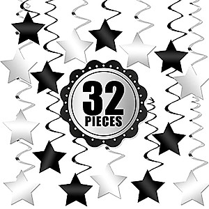 Black and Silver Star Hanging Swirls - Pack of 32 | Silver and Black Star Hanging Swirl for Black and Silver Party Decorations, Raiders Party Decorations | Hanging Black and White Party Decorations