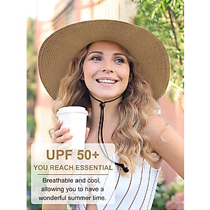Womens Sun Hat Wide Brim Foldable Beach Hats for Women UV Protection Summer Straw Hat with Wind Lanyard Khaki