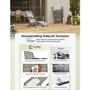 Ciokea Folding Adirondack Chair with Retractable Ottoman Fire Pit Patio Chair with Pull Out Foot Rest Weather Resistant Lawn Outdoor Lounge Chair with 2 Cup Holder (Grey)