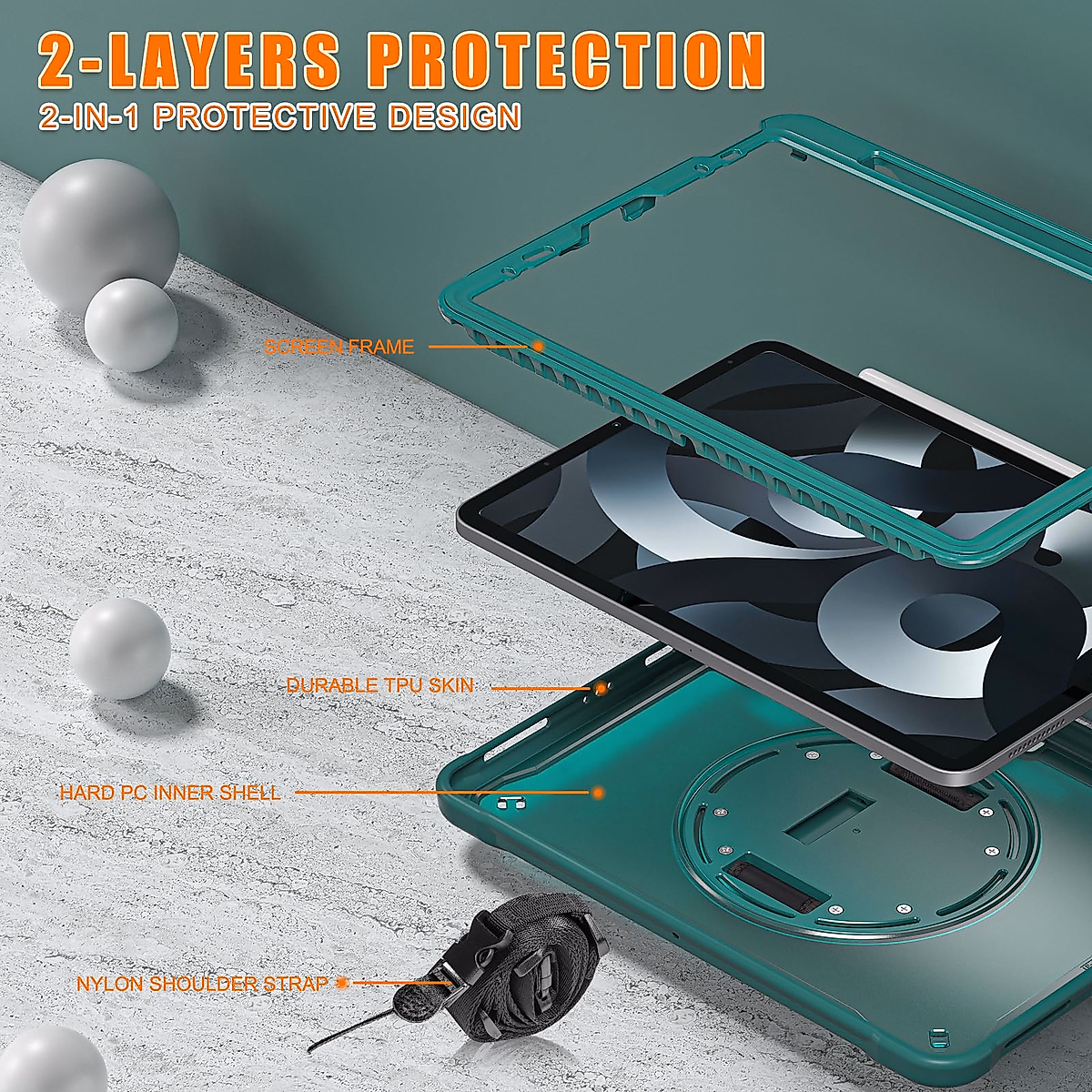 Batianda Case for iPad Pro 12.9-inch 2022 6th M2 /2021 (5rd Generation) / iPad Pro 12.9" 4th/3rd Gen Heavy Duty Rugged Shockproof Tablet Cover with 360° Rotating Hand Strap & Shoulder Strap, Teal