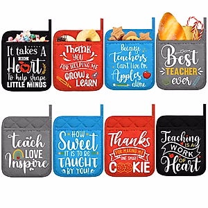 Irenare 8 Pcs Christmas Teacher Appreciation Gifts Hot Pot Holders Funny Oven Mitts Heat Resistant Microwave Oven Mitt Potholders with Hand Pocket Hanging Loop End of Year Gift, 7 x 9 Inch