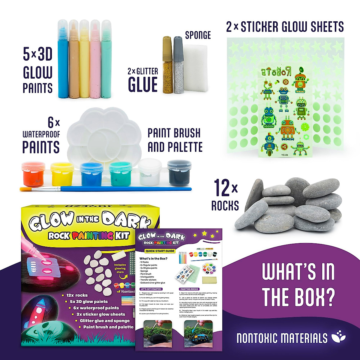JOYEZA Rock Painting Kit Glow in The Dark, Arts and Crafts for Girls and Boys Age 6+, 12 Painting Rocks for Kids, Waterproof Paints, Kids Activities Age 6 7 8 9 10, Tween Gift Art Set