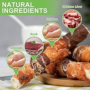 MON2SUN Dog Treats, Triple Flavor 6 Inch Chicken Liver Chicken Duck and Chicken Wrapped Rawhide Sticks, Teeth Cleaning Dog Snacks for Medium Dogs, 17.6 oz (10 Count-Pack of 1)