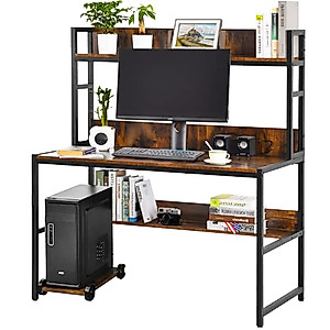 WAYTRIM Computer Desk, 48“ Office Desk, Large Space Writing Table with Storage Bookshelf & Mobile CPU Stand, Retro Brown