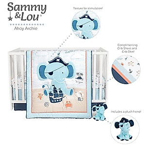 Sammy & Lou Ahoy Archie 4-Piece Baby Nursery Crib Bedding Set for Boys, Includes Quilt, Fitted Crib Sheet, Crib Skirt, and Plush Toy